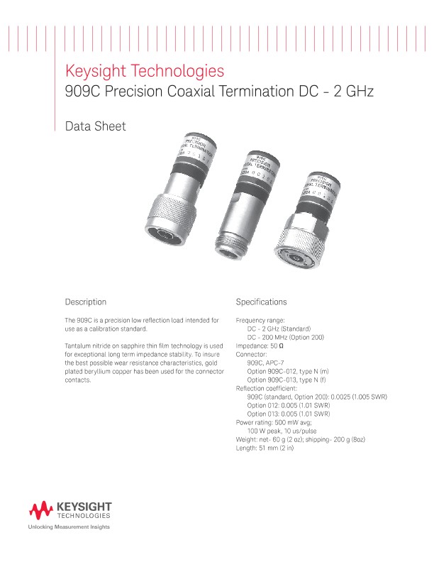 909C Precision Coaxial Termination DC - 2 GHz PDF Asset Page | Keysight